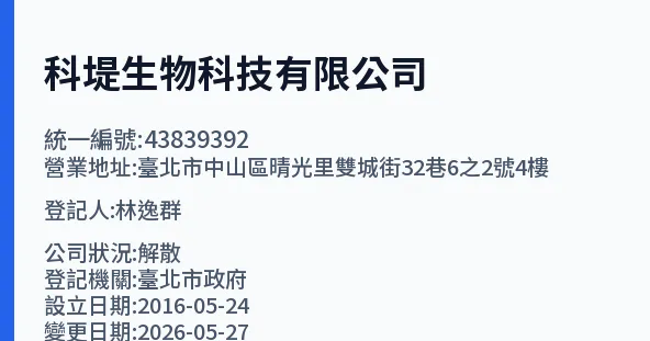 科堤生物科技有限公司的照片-統編 43839392(臺北市) 公司登記資料與營業項目詳細圖表