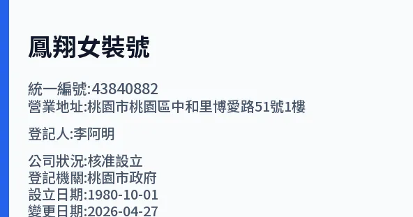 鳳翔女裝號的照片-統編 43840882(桃園市) 公司登記資料與營業項目詳細圖表