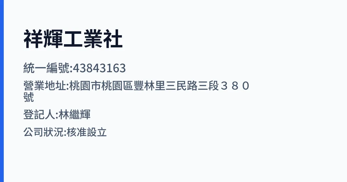 祥輝工業社 - 統編 43843163(桃園市) 公司登記資料與營業項目詳細圖表