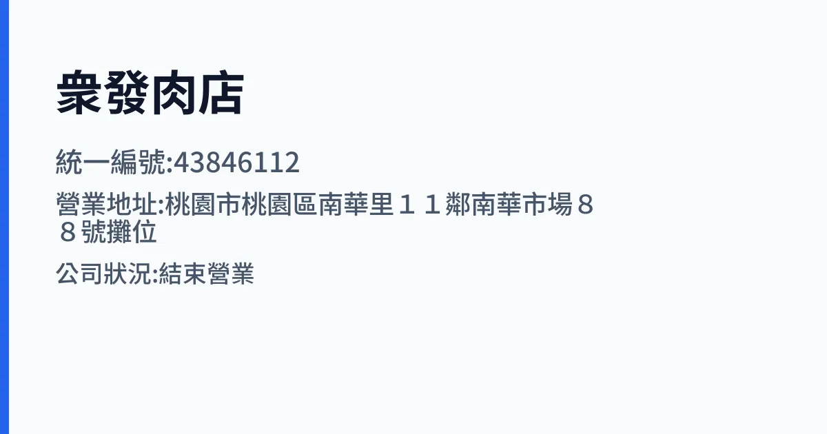 衆發肉店 - 統編 43846112(桃園市) 公司登記資料與營業項目詳細圖表
