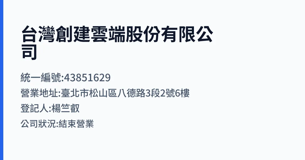台灣創建雲端股份有限公司 - 統編 43851629(臺北市) 公司登記資料與營業項目詳細圖表