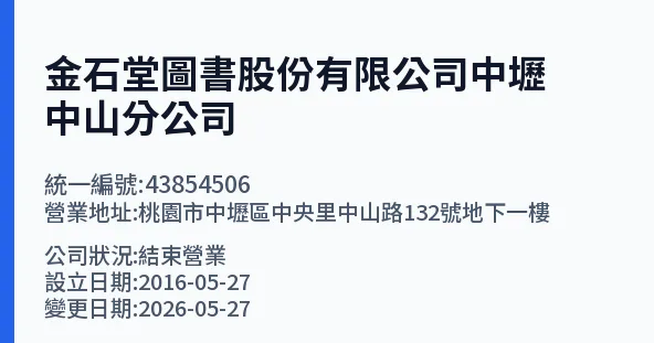 金石堂圖書股份有限公司中壢中山分公司的照片-統編 43854506(桃園市) 公司登記資料與營業項目詳細圖表
