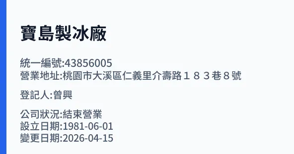 寶島製冰廠的照片-統編 43856005(桃園市) 公司登記資料與營業項目詳細圖表