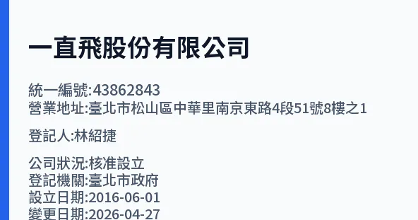 一直飛股份有限公司的照片-統編 43862843(臺北市) 公司登記資料與營業項目詳細圖表