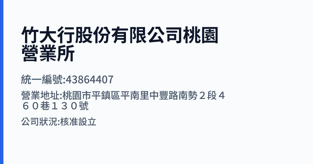 竹大行股份有限公司桃園營業所 - 統編 43864407(桃園市) 公司登記資料與營業項目詳細圖表