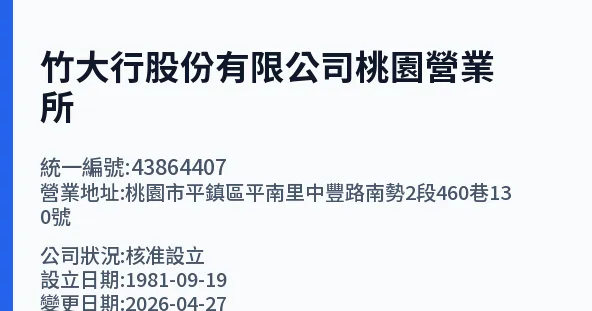 竹大行股份有限公司桃園營業所的照片-統編 43864407(桃園市) 公司登記資料與營業項目詳細圖表