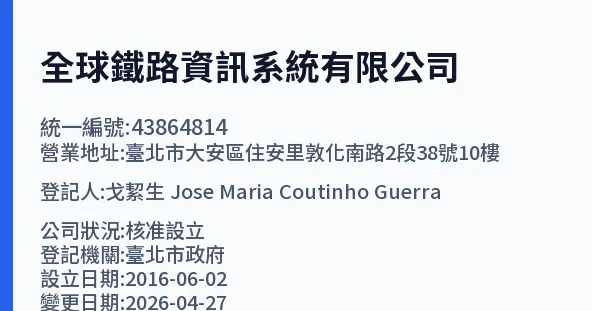 全球鐵路資訊系統有限公司的照片-統編 43864814(臺北市) 公司登記資料與營業項目詳細圖表