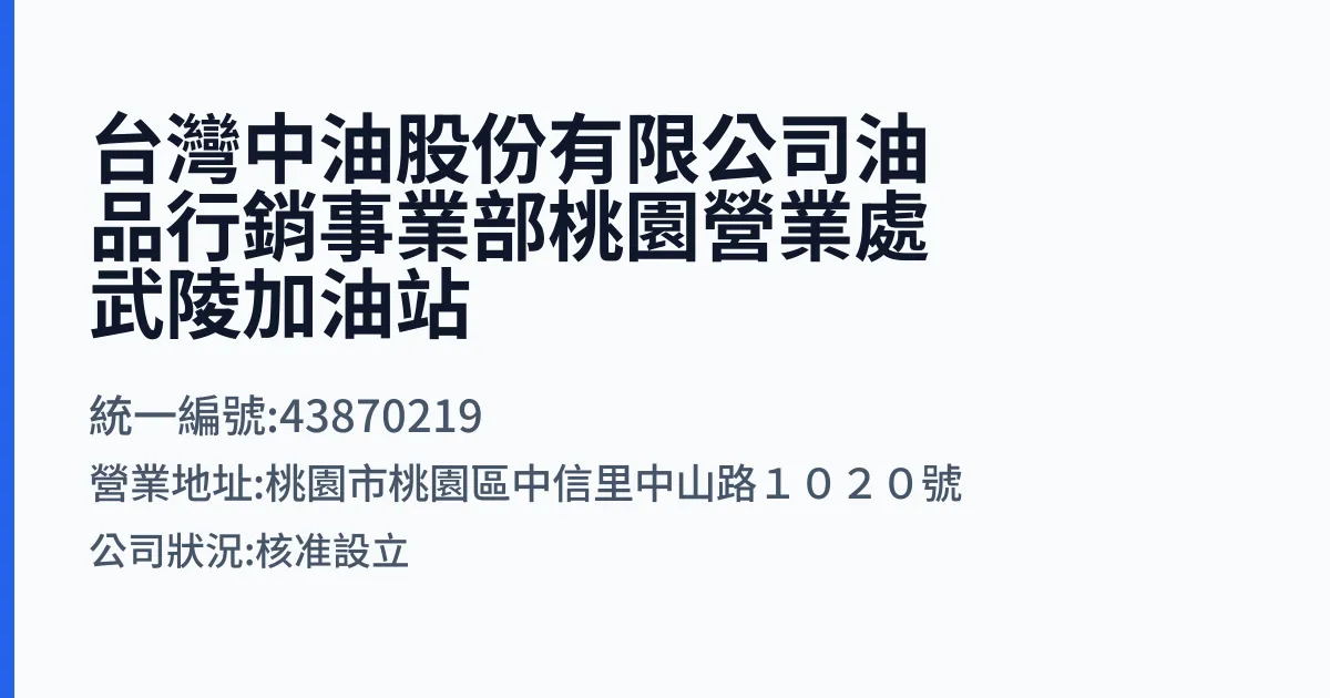 台灣中油股份有限公司油品行銷事業部桃園營業處武陵加油站 - 統編 43870219(桃園市) 公司登記資料與營業項目詳細圖表