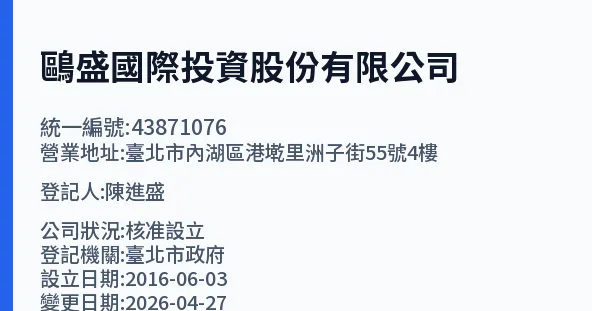 鷗盛國際投資股份有限公司的照片-統編 43871076(臺北市) 公司登記資料與營業項目詳細圖表