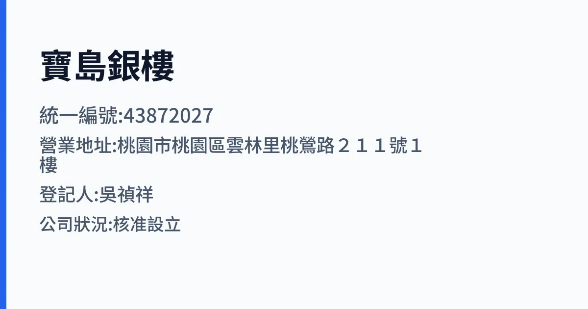 寶島銀樓 - 統編 43872027(桃園市) 公司登記資料與營業項目詳細圖表