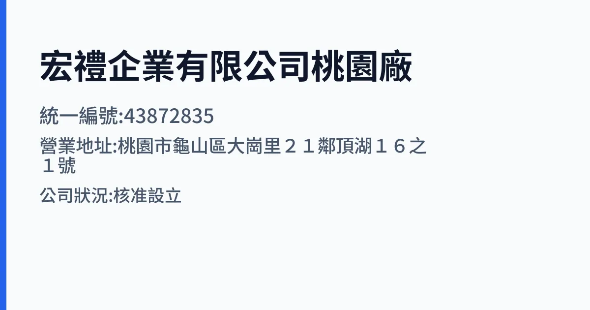宏禮企業有限公司桃園廠 - 統編 43872835(桃園市) 公司登記資料與營業項目詳細圖表