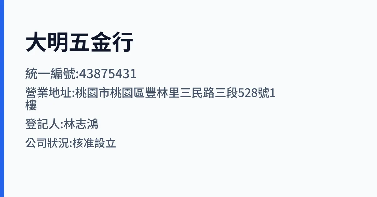 大明五金行 - 統編 43875431(桃園市) 公司登記資料與營業項目詳細圖表