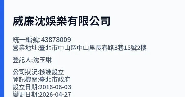 威廉沈娛樂有限公司的照片-統編 43878009(臺北市) 公司登記資料與營業項目詳細圖表