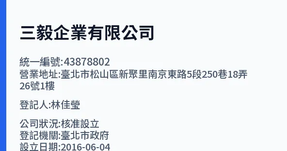三毅企業有限公司的照片-統編 43878802(臺北市) 公司登記資料與營業項目詳細圖表
