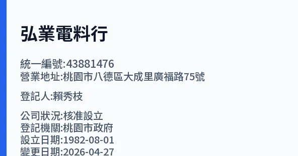 弘業電料行的照片-統編 43881476(桃園市) 公司登記資料與營業項目詳細圖表
