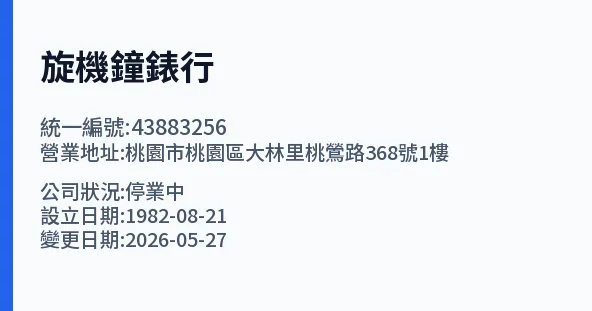 旋機鐘錶行的照片-統編 43883256(桃園市) 公司登記資料與營業項目詳細圖表