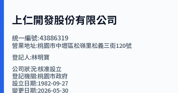 上仁開發股份有限公司的照片-統編 43886319(桃園市) 公司登記資料與營業項目詳細圖表
