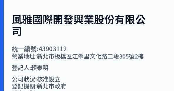 風雅國際開發興業股份有限公司的照片-統編 43903112(新北市) 公司登記資料與營業項目詳細圖表
