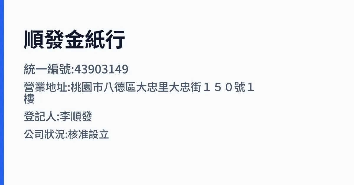 順發金紙行 - 統編 43903149(桃園市) 公司登記資料與營業項目詳細圖表