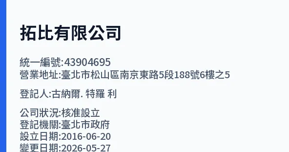 拓比有限公司的照片-統編 43904695(臺北市) 公司登記資料與營業項目詳細圖表