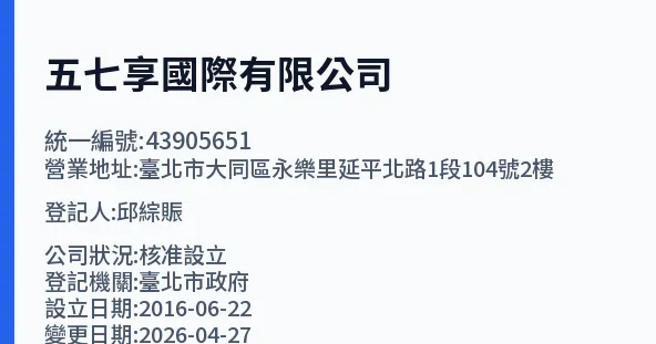 五七享國際有限公司的照片-統編 43905651(臺北市) 公司登記資料與營業項目詳細圖表