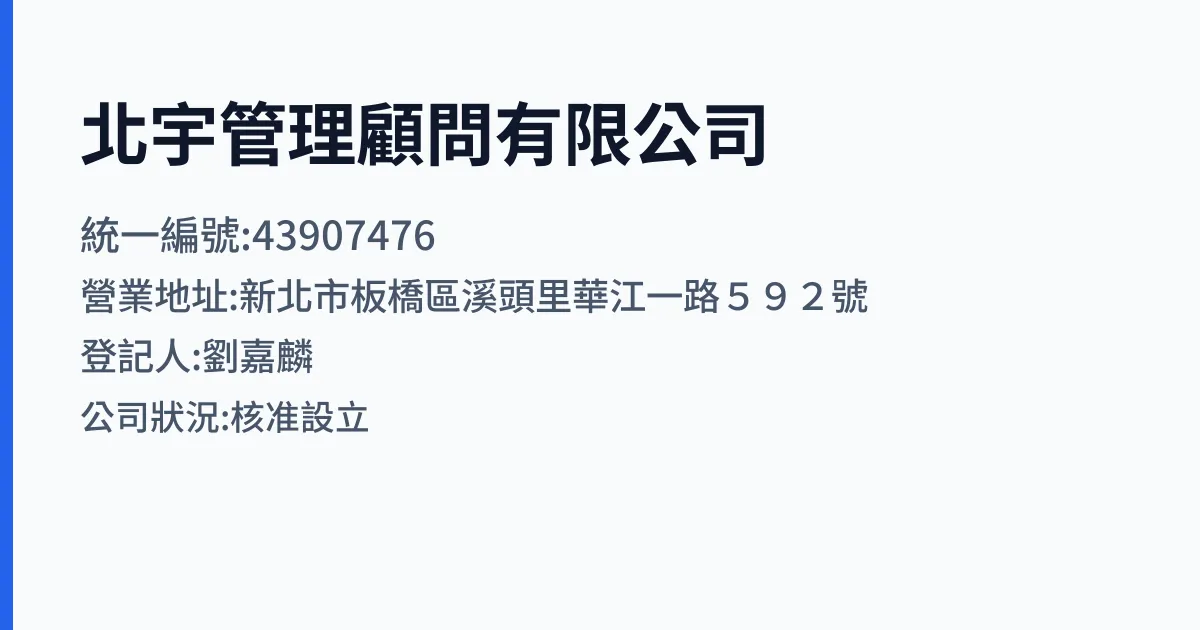 北宇管理顧問有限公司 - 統編 43907476(新北市) 公司登記資料與營業項目詳細圖表