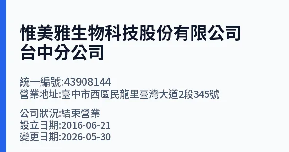 惟美雅生物科技股份有限公司台中分公司的照片-統編 43908144(臺中市) 公司登記資料與營業項目詳細圖表