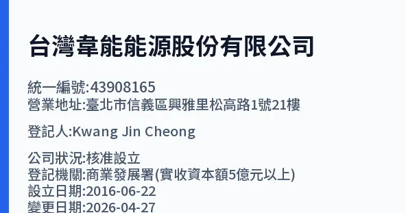 台灣韋能能源股份有限公司的照片-統編 43908165(臺北市) 公司登記資料與營業項目詳細圖表
