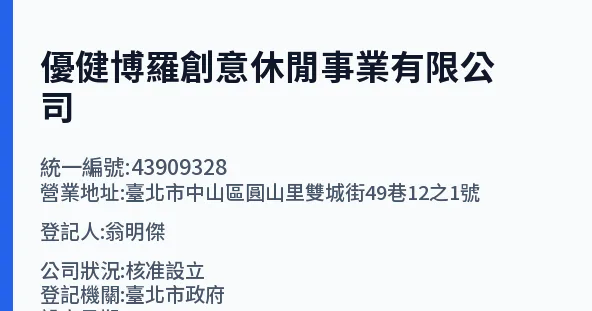 優健博羅創意休閒事業有限公司的照片-統編 43909328(臺北市) 公司登記資料與營業項目詳細圖表