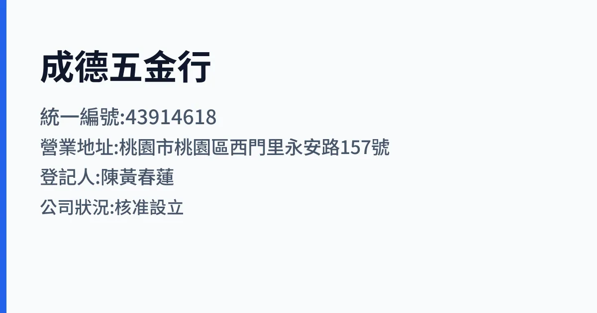 成德五金行 - 統編 43914618(桃園市) 公司登記資料與營業項目詳細圖表
