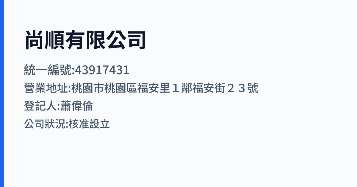 尚順有限公司 - 統編 43917431(桃園市) 公司登記資料與營業項目詳細圖表