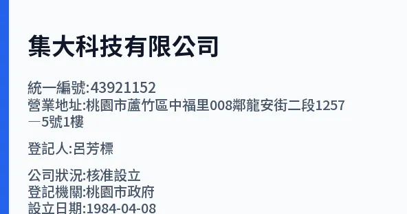 集大科技有限公司的照片-統編 43921152(桃園市) 公司登記資料與營業項目詳細圖表