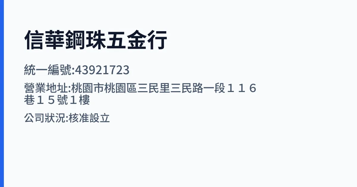 信華鋼珠五金行 - 統編 43921723(桃園市) 公司登記資料與營業項目詳細圖表