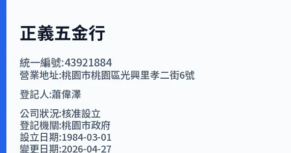 正義五金行的照片-統編 43921884(桃園市) 公司登記資料與營業項目詳細圖表