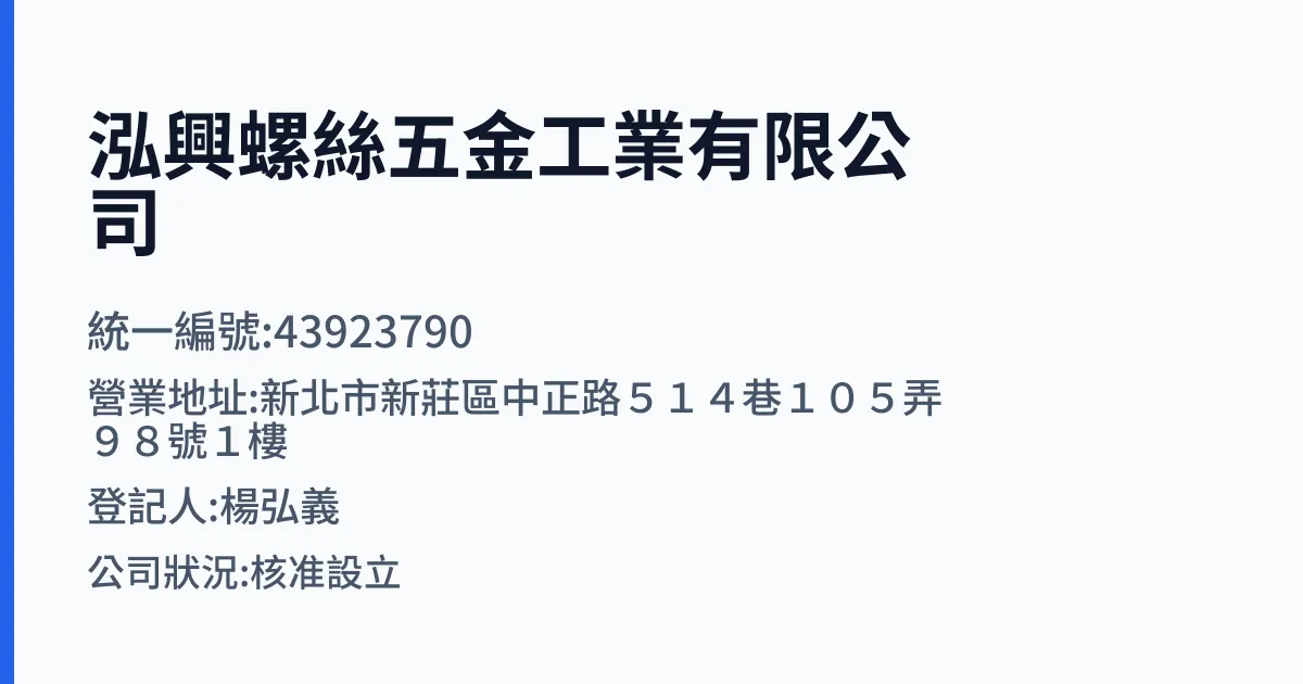 泓興螺絲五金工業有限公司 - 統編 43923790(新北市) 公司登記資料與營業項目詳細圖表