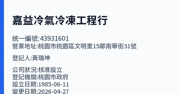 嘉益冷氣冷凍工程行的照片-統編 43931601(桃園市) 公司登記資料與營業項目詳細圖表