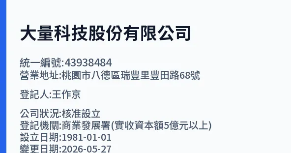 大量科技股份有限公司的照片-統編 43938484(桃園市) 公司登記資料與營業項目詳細圖表