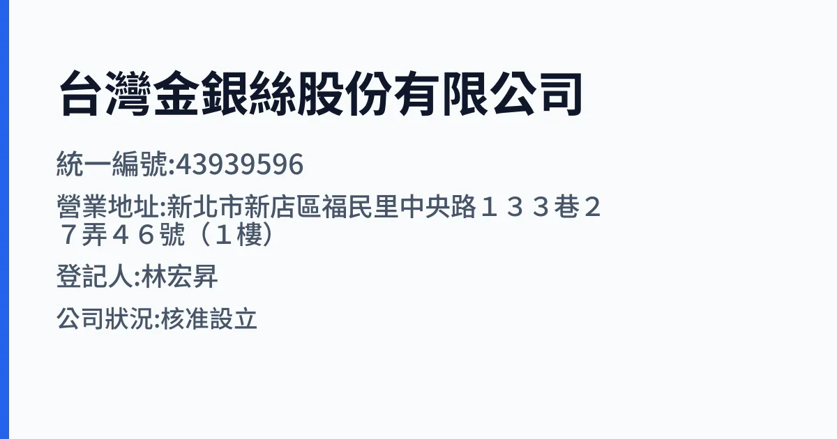 台灣金銀絲股份有限公司 - 統編 43939596(新北市) 公司登記資料與營業項目詳細圖表