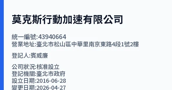 莫克斯行動加速有限公司的照片-統編 43940664(臺北市) 公司登記資料與營業項目詳細圖表