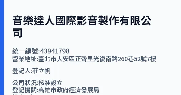 音樂達人國際影音製作有限公司的照片-統編 43941798(臺北市) 公司登記資料與營業項目詳細圖表