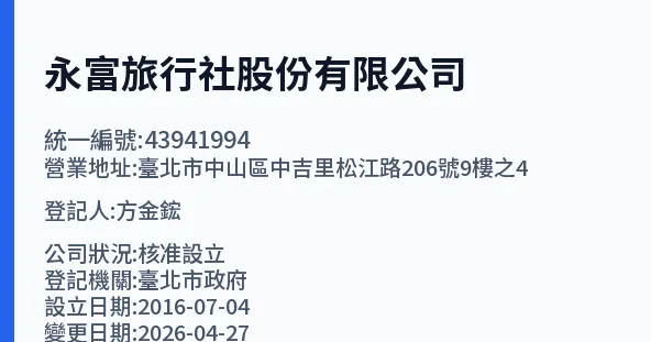 永富旅行社股份有限公司的照片-統編 43941994(臺北市) 公司登記資料與營業項目詳細圖表