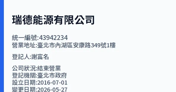 瑞德能源有限公司的照片-統編 43942234(臺北市) 公司登記資料與營業項目詳細圖表