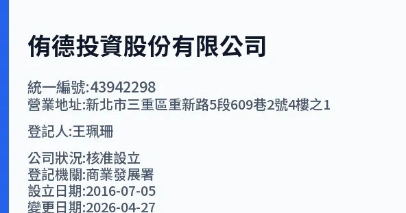 侑德投資股份有限公司的照片-統編 43942298(新北市) 公司登記資料與營業項目詳細圖表