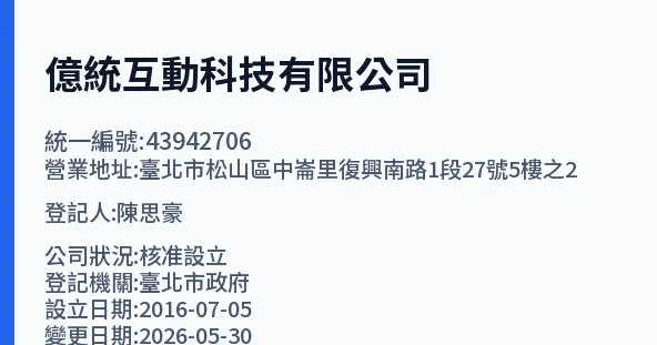億統互動科技有限公司的照片-統編 43942706(臺北市) 公司登記資料與營業項目詳細圖表