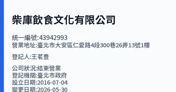 柴庫飲食文化有限公司的照片-統編 43942993(臺北市) 公司登記資料與營業項目詳細圖表