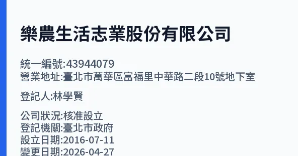 樂農生活志業股份有限公司的照片-統編 43944079(臺北市) 公司登記資料與營業項目詳細圖表