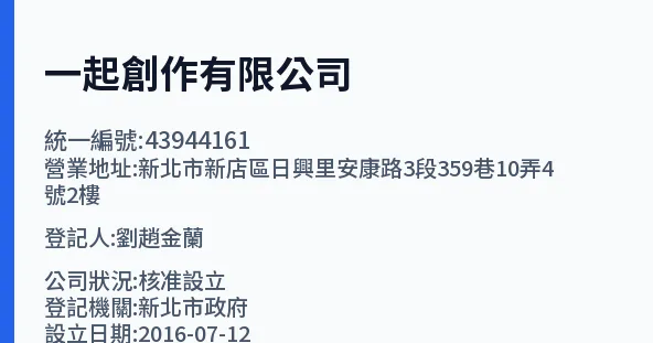 一起創作有限公司的照片-統編 43944161(新北市) 公司登記資料與營業項目詳細圖表