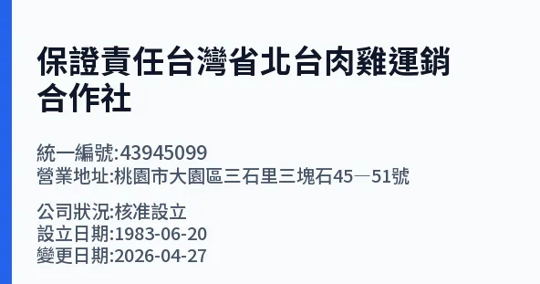 保證責任台灣省北台肉雞運銷合作社的照片-統編 43945099(桃園市) 公司登記資料與營業項目詳細圖表
