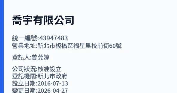 喬宇有限公司的照片-統編 43947483(新北市) 公司登記資料與營業項目詳細圖表