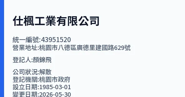 仕楓工業有限公司的照片-統編 43951520(桃園市) 公司登記資料與營業項目詳細圖表